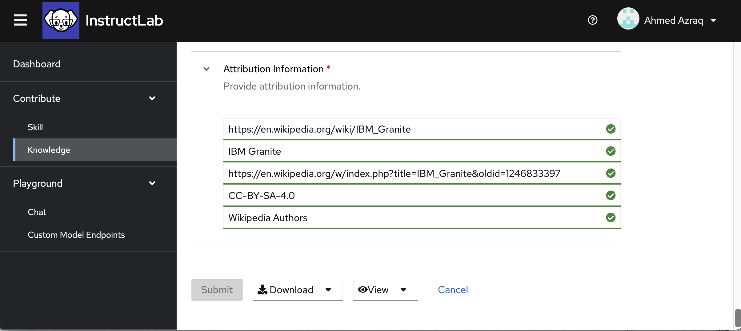 Contributing Knowledge To Open Source Llms Like The Granite Models Using The Instructlab Ui